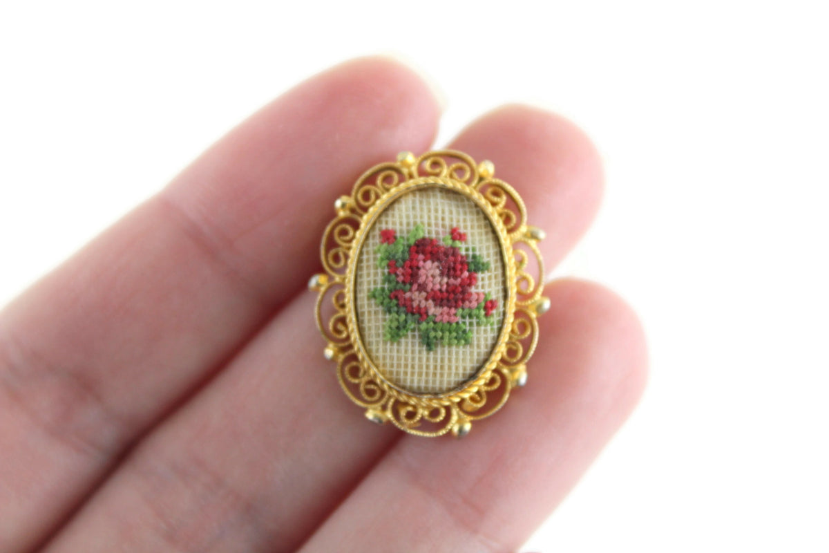 Vintage 1:12 Miniature Dollhouse Pink Petit Point Rose in Ornate Gold ...
