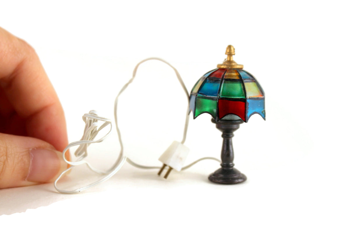 Vintage 1:12 Miniature Dollhouse Stained Glass 12V Plug-In Table Lamp ...