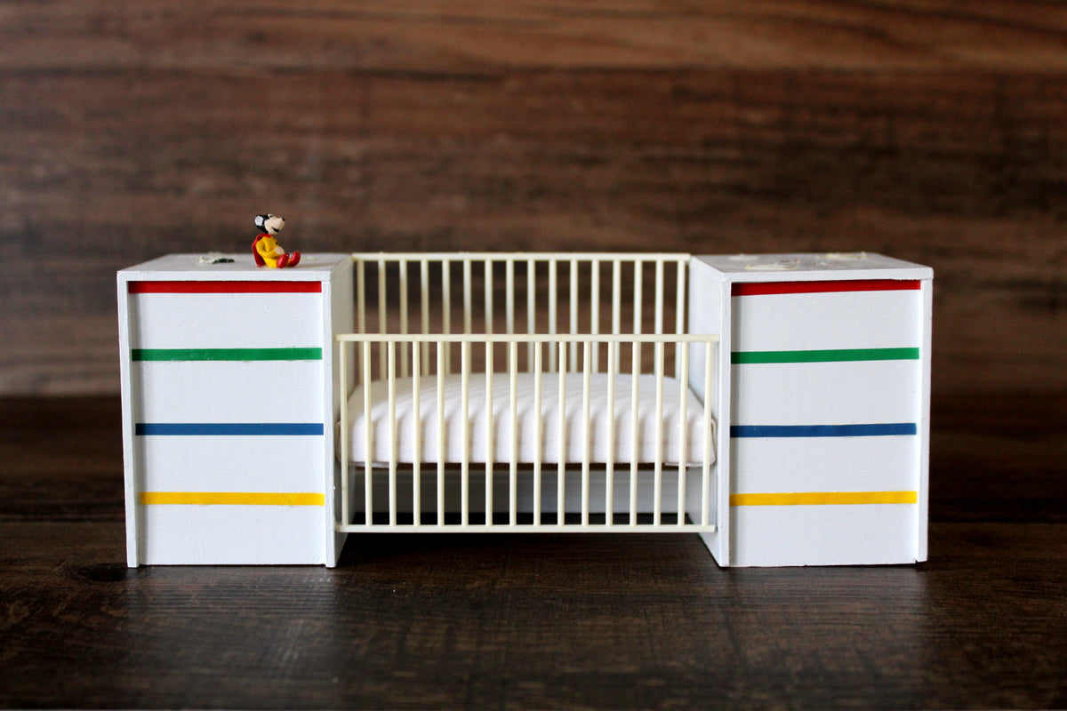 Vintage 1:12 Miniature Dollhouse White Baby Crib with Attached Tables ...